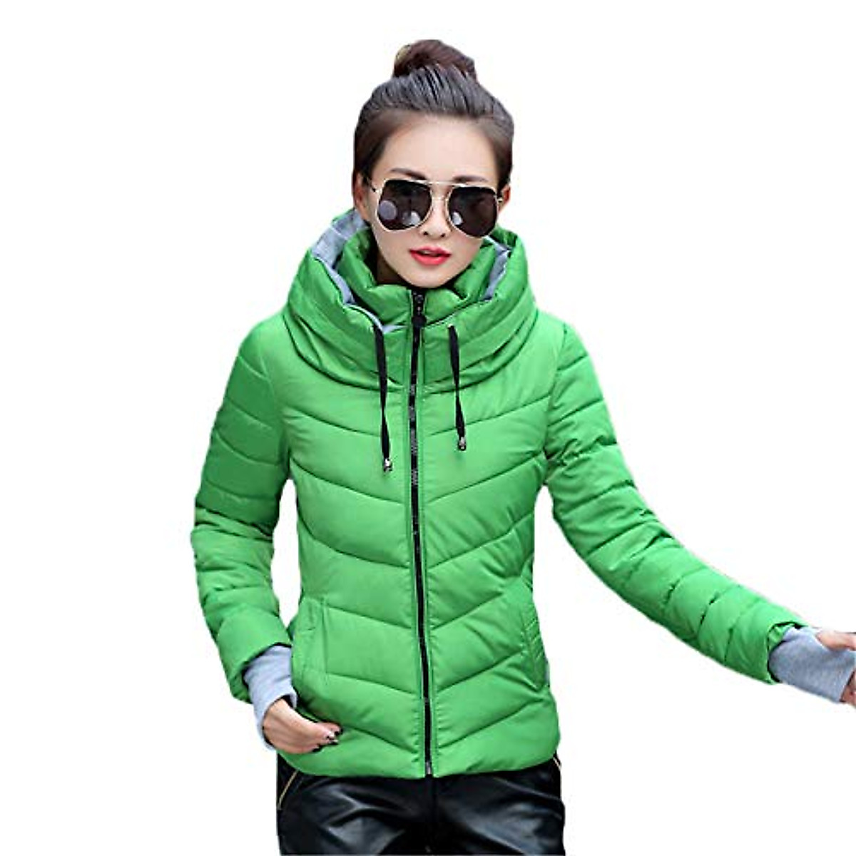 Andongnywell Women's Winter Parka Jacket Warm Stand Collar Cotton Quilted Down Coat Short Jacket Lightweight Coats (Green,Large)