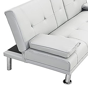 Verfur Button Tufted Convertible Futon Sofa, Foldable Reversible Loveseat Sleeper Couch w/Adjustable Backrest,Comfy Small Daybed Guest Bed Sofabed, White PU
