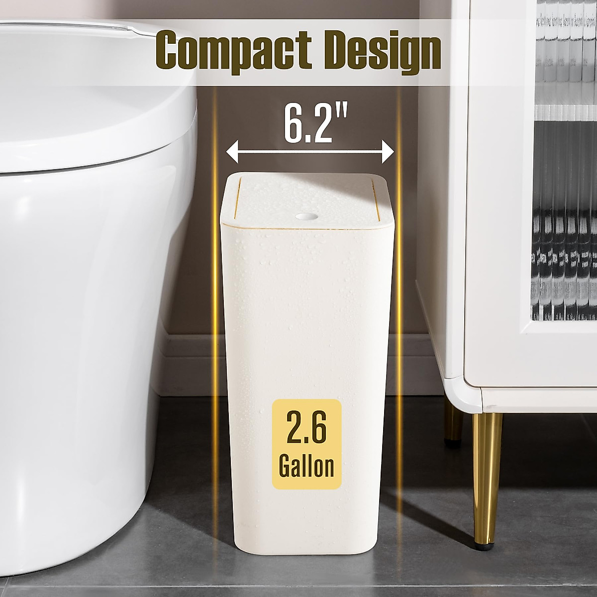 TrashAid Bathroom Trash Can with Lid,2.6 Gallon / 10 Liter Small Garbage Can with Press Top Lid,Plastic Wastebasket with Pop-up Lid for Toilet,Office,Bedroom,Living Room,White (AMZUSIJS01WHT040012)