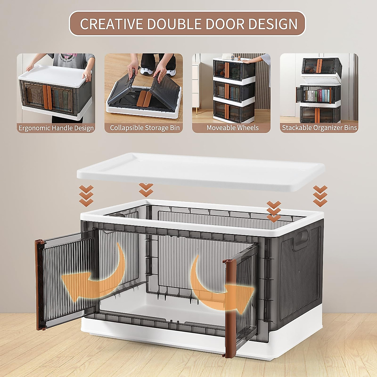 Closet Organizers and Storage - Storage Bins with Lids & Wheels 8.4 Gal, Collapsible Stackable Storage Bins, Trunk Organizer Folding Storage Box for Office, Home, Dorm Room Essentials, 3 Pack