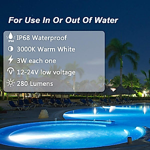 ATCD Waterproof Swimming Pool Lights 3W LED Underwater Light, Works at 12V-24VDC, 4 Packs IP68 Low Voltage In-Ground Lights for Pools Ponds Waterfall Fountains, Warm White 3000K
