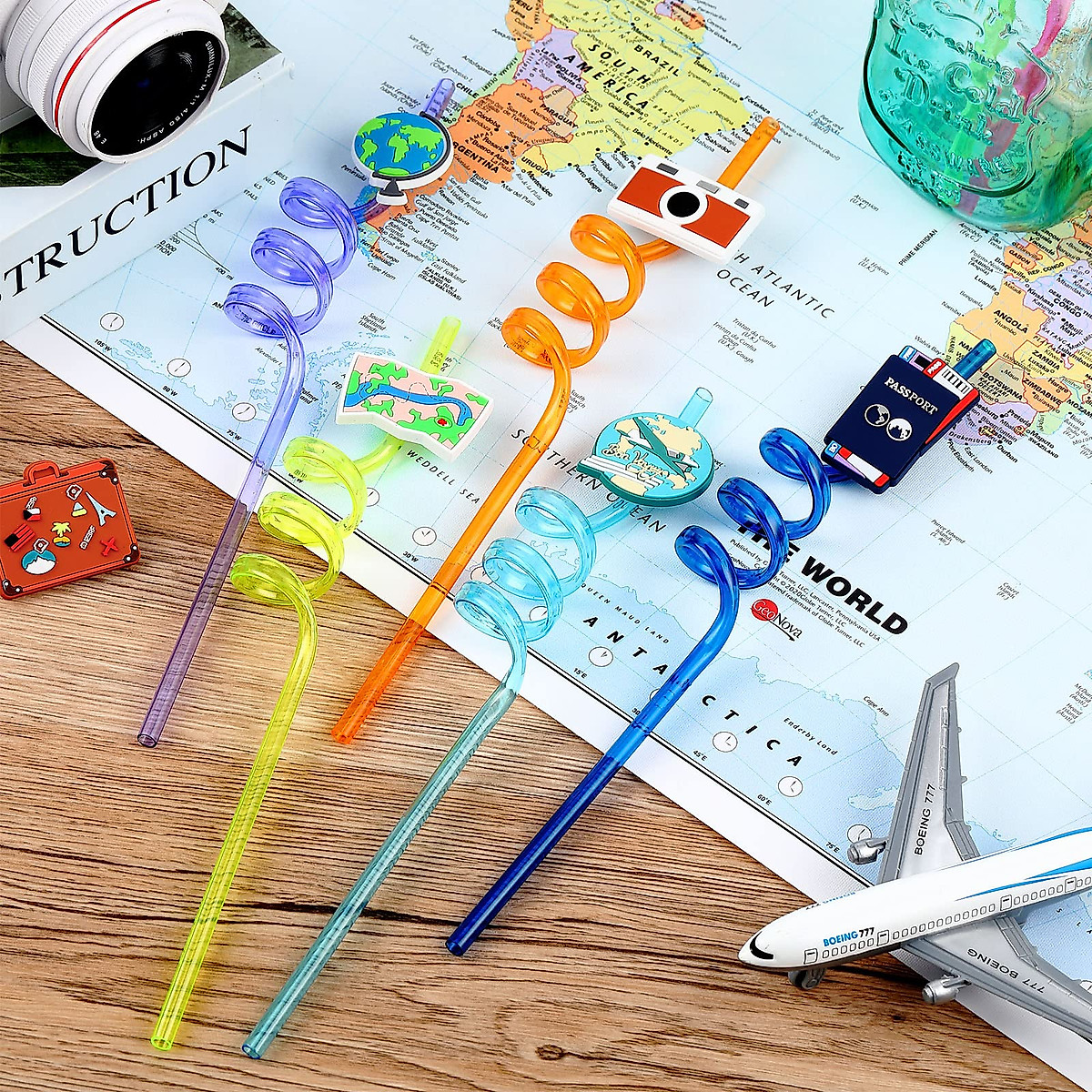 24 Pcs Travel Themed Party Favors Supplies Plastic Drinking Straws, Adventure Awaits Bon Voyage Birthday Party Supplies, Colorful Reusable Straws for Festivals Birthday Summer Beach Party Carnivals