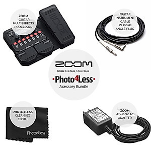 Zoom G1X Four Guitar Effects Processor with Built-In Expression Pedal + Zoom AD-16 9V AC adapter + Guitar Instrument Cable w Right Angle Plug + Photo4Less Cleaning Cloth - Deluxe Bundle