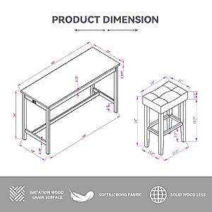 YWUFUART 60'' Industrial Black Solid Wood Bar Table Set with Power Outlet and 3 Grey Chairs for Living Room Dining Room Game Room