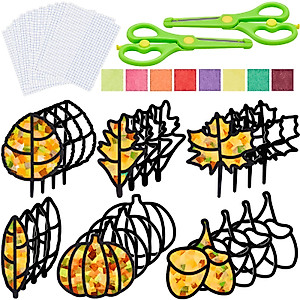 Containlol 24 Pieces Extra Large Thanksgiving Fall Leaf Craft Suncatchers Kit Tissue Arts Autumn Leaves Suncatchers 1600 Tissue Paper Squares 24 PVC Contact Paper with Safety Scissor for DIY Craft