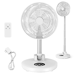 Eposy Standing Oscillating Fan 12" Foldable Portable Quiet Floor Fan,12000mAh with Remote, Timer, Height Adjustable,6 Speed Portable Fan,White
