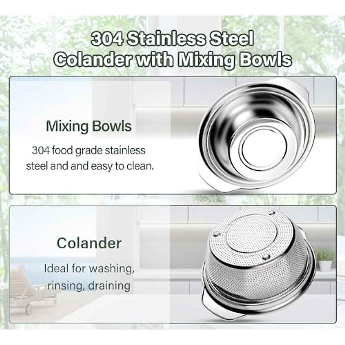 304 Stainless Steel Colander With Handle, 2-Quart Micro-Perforated Strainer Colander Set with Mixing Bowl, BPA Free, Great for Draining Cooked Pasta, Noodles,Washing Vegetables, Fruits(2PC)