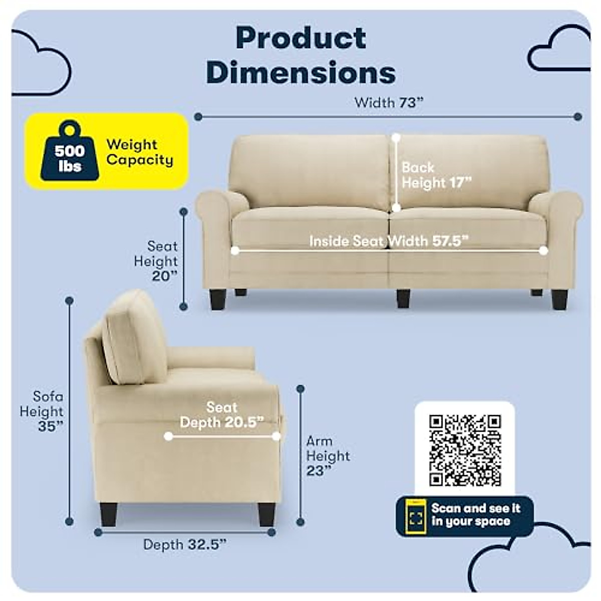 Serta Copenhagen 73" Rolled Arm Sofa, Easy Care Polyester, Soft Pillow Back, Pocket Coil Seat Cushions, Removable Covers, Loveseat or Couch for Small Spaces, Living Rooms or Bedrooms, Buttercream