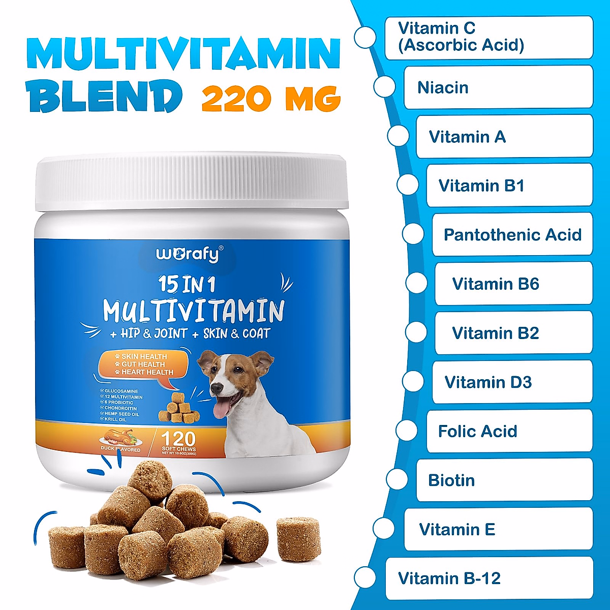 Dogs Multivitamin Chews, for Gut, Skin and Heart Health, Nutrition Supplements for Digestion, Immune System, Dog Treats with Glucosamine, Probiotic, Chondroitin and Hemp Oil, 120 Chews, Duck Flavor