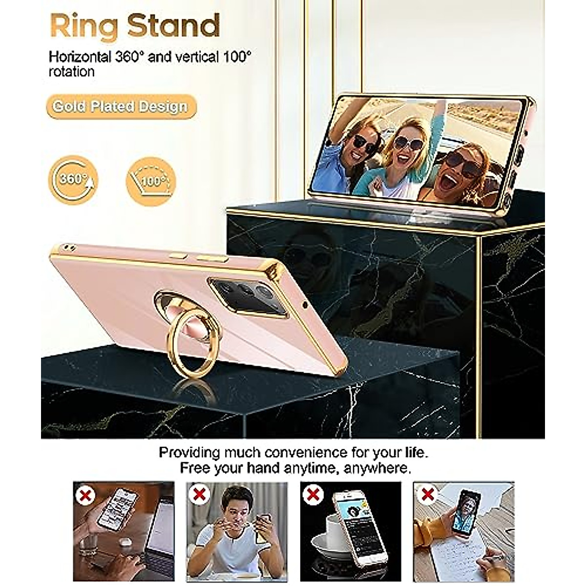 LeYi for Galaxy Note 20 Case: 360° Rotatable Ring Holder Magnetic Kickstand, Plating Rose Gold Edge Protective Samsung Galaxy Note 20 Case, Pink