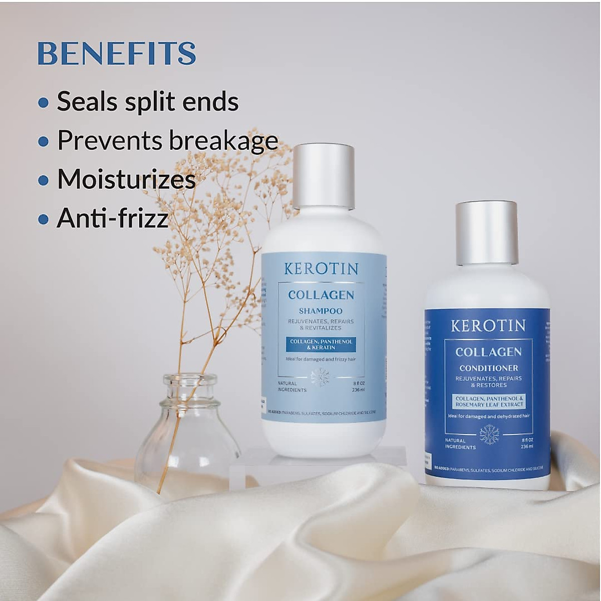 Kerotin Collagen Shampoo and Conditioner - Collagen Hair Treatment Set with Keratin, Rosemary, and Coconut Oil. Repair Damaged Hair, Prevent Breakage and Eliminate Frizz. Made in the USA