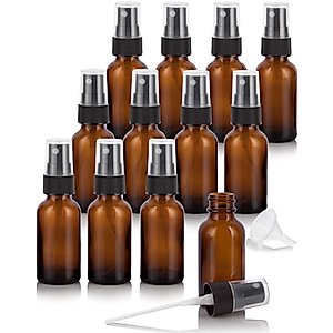 JUVITUS 1 oz Amber Glass Boston Round Bottle with Black Fine Mist Sprayer (12 pack) + Funnel
