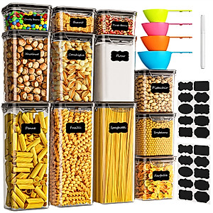 Airtight Food Storage Containers Set with Lids -12 PCS Kitchen Pantry Organization and Storage BPA-Free Plastic Food Containers for Cereal Flour Sugar and Snack, for Organizing with Labels & Marker (JSC-12)