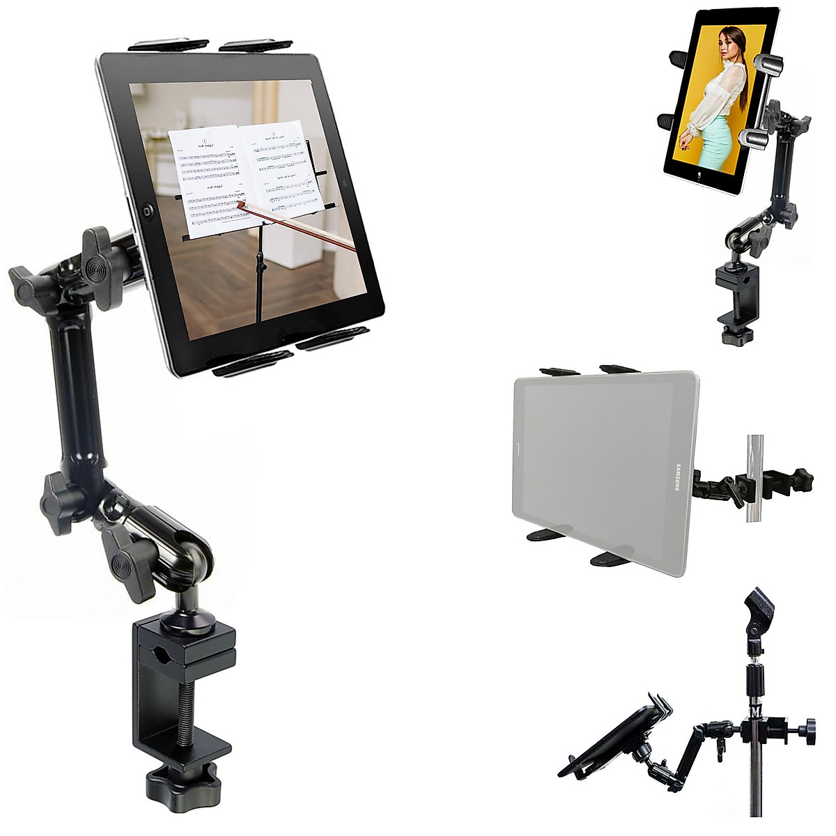 ChargerCity Heavy Duty 4-Way Adjust Aluminum Alloy Pole/Bar Music Mic Microphone Stand Clamp Mount for iPad Pro Air Mini Galaxy Surface Pro 7-12" Tablets (Good for Uber Eat Doordash Postmate salso)