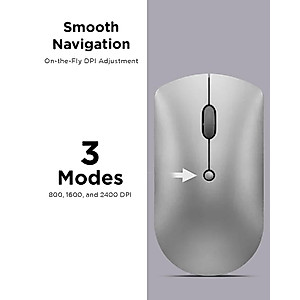 Lenovo 600 Bluetooth Silent Mouse, Blue Optical Sensor, Adjustable DPI, 4 Button, Microsoft Swift Pair, Windows, Chrome, GY50X88832, Gray