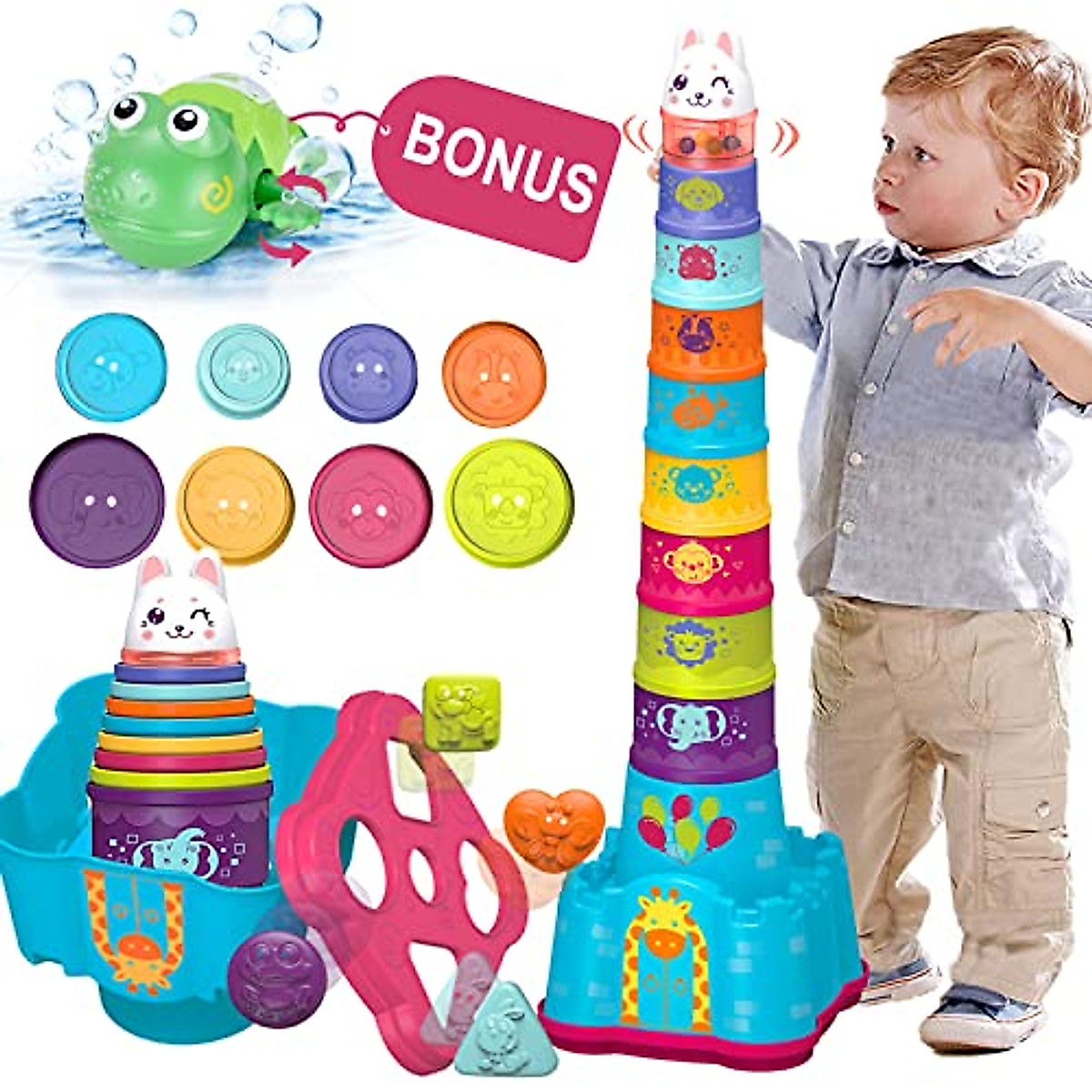Baby Stacking Toys for Toddlers 1-3, Nesting Cups Shape Sorter for Infant 6 to 12-18 Months, Stackable Blocks Learning Toy with Rattle & Free Frog Bath Toy, Birthday Gifts for Kids 9-12 Month Girl Boy