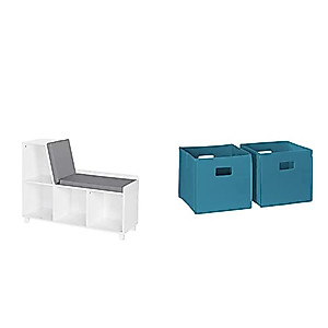 RiverRidge Book Nook Collection Kids Cubbies Storage Bench, White & Folding Bin, Turquoise, 2 Piece