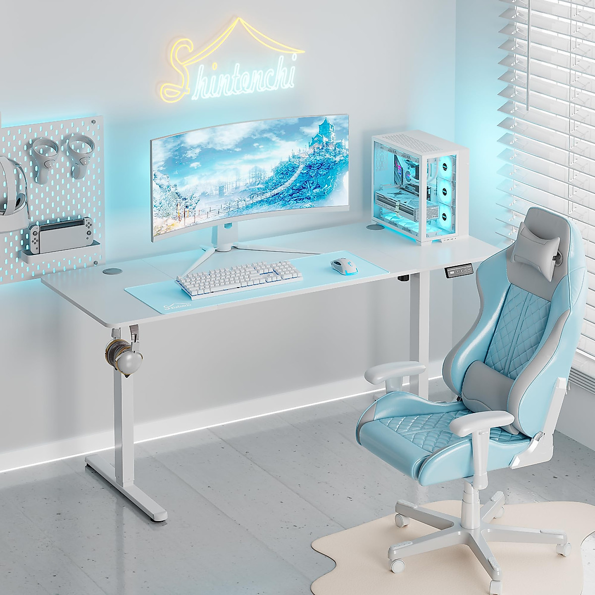 Shintenchi Electric Standing Desk, 63 x 24 Inch Height Adjustable Sit Stand Desk Morder Home Office Stand Up Desk Computer Work Station with Splice Board, (White Frame + White Top)