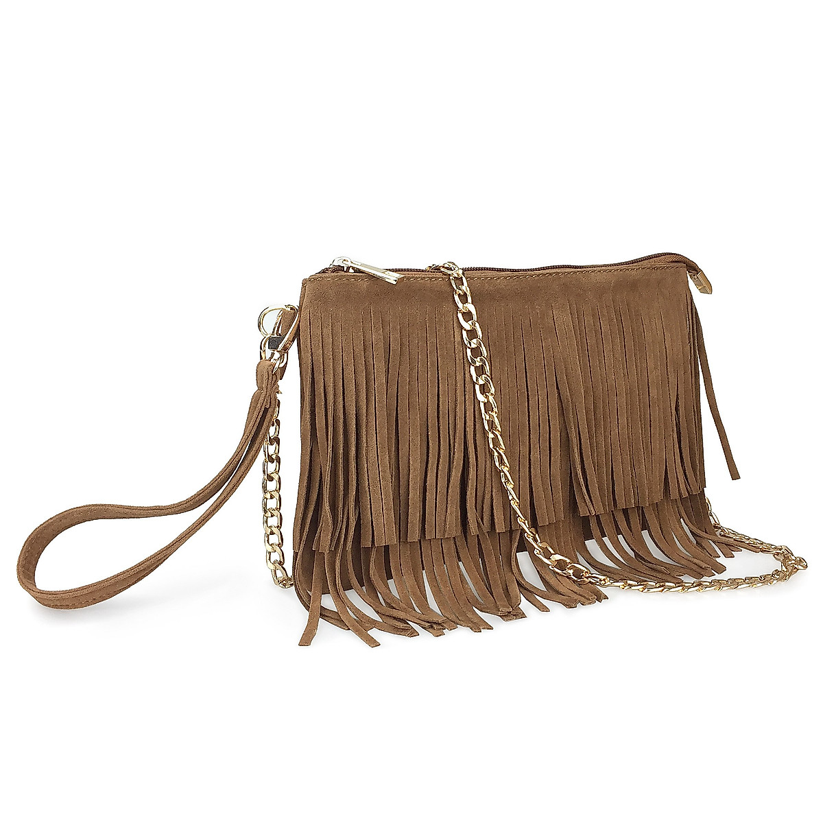 HOXIS Fringe Cross Body Bag Womens Small Shoulder Bag Top Zip Wristlet Brown