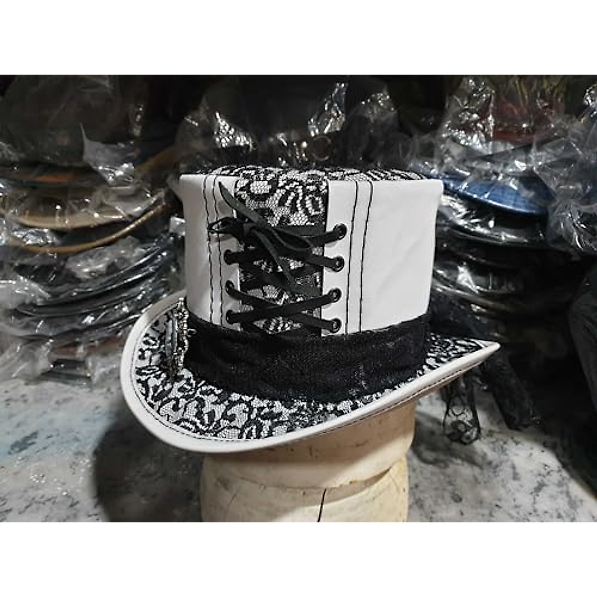 Steampunk Black Crusty Band White Leather Top Hat (Leather, XX-Large)