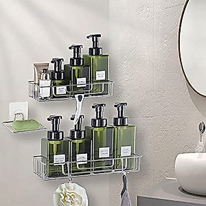 YSJHHJLL Shower Caddy Basket with Soap Dish and Hooks, No Drilling Traceless Adhesive Bathroom Shower Storage Organizer, No Rust, Never Collapse, for Bathroom Shower Shelves (Silver 3 pack)