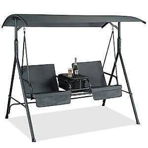 GRAVFORCE Outdoor Swing with Canopy, 2-Seat Porch Swing with Storage Cooler Bag, Adjustable Canopy Swing with Table & 2 Cup Holders, Patio Swing Sets for Backyard, Outside (Gray)