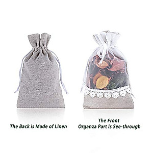SumDirect Rose Drawstring Burlap Bags - 20pcs Lace Jute Organza Favor Gift Bags, sheer linen favor bags for Wedding