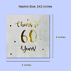 Cheers to 60 Years Cocktail Napkins | Happy 60th Birthday Decorations for Men and Women and Wedding Anniversary Party Decorations | 50-Pack 3-Ply Napkins | 5 x 5 inch folded (White)