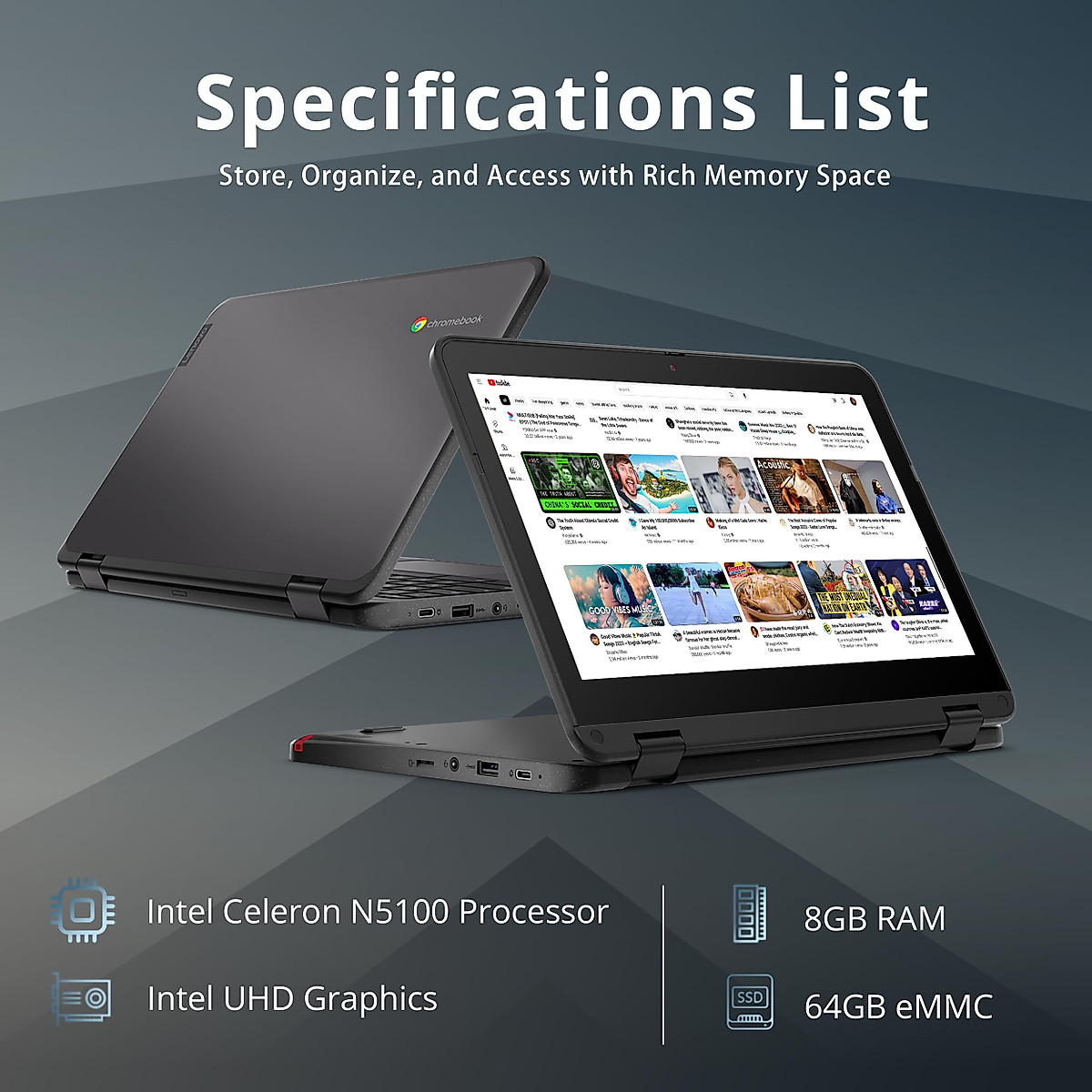 Lenovo 500e Gen 3 Touchscreen Laptop, 11.6" HD Rugged 2 in 1 Chromebook, Intel Celeron N5100, 8 GB RAM, 64 GB SSD, Gray, 32GB USB Card