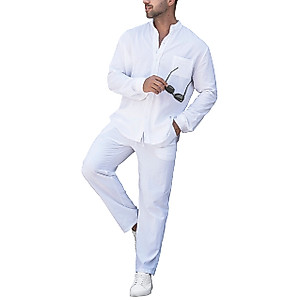 RPOVIG Linen Shirt Sets Outfits:Men's 2 Pieces Henley Shirts Long Sleeve Loose Yoga Pants Beach Clothing White