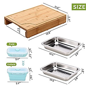 JENELI CO Large Bamboo Cutting Board with Containers, Meal Prep Station with Slide Out Stainless Steel Trays and Collapsible Containers, Smart chopping board-Over the Sink or Countertop