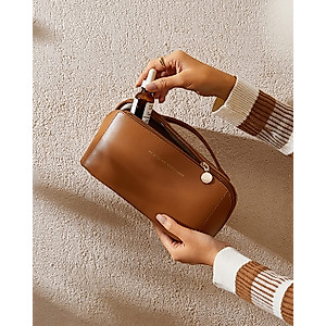 EACHY Travel Makeup Bag,Large Capacity Cosmetic Bags for Women,Waterproof Portable Pouch Open Flat Toiletry Bag Make up Bag with Divider and Handle (Brown, Medium)