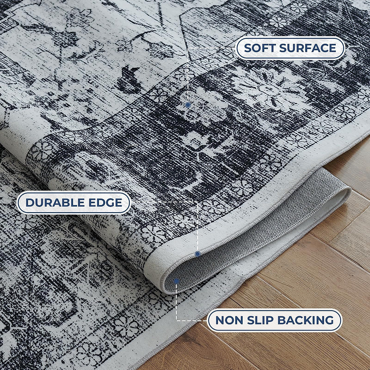 Syalife 6x9 Washable Area Rug - Soft, Non-Shedding, Low-Pile for Living Room, Bedroom, Office & Nursery - Distressed Style with Non-Slip Backing, Black/White