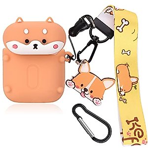 Cute AirPod Case with Lanyard Keychain Protective Soft Silicone Funny Corgi Cover Compatiable with AirPods 1st & 2nd Generation Case
