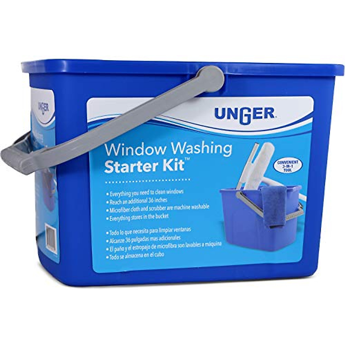 Unger Window Washing Starter Kit with 2-in-1 Microfiber Combi, Collapsible Pole, Microfiber Cloth, and Bucket