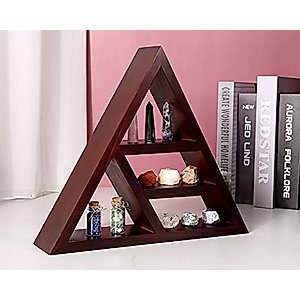 CozyCabin Triangle Shelf for Crystals Display, Moon Phase Wooden Crystal Display Shelf with Hooks Triangle Wall Shelf for Crystal Display
