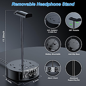 ZEAGUS Headphone Stand with Alarm Clock, Gaming Headphone Stand for Desk,Headphone Holder with 2 USB Charging Ports and 2 Power Outlets,Headset Stand Suitable for All Earphone Accessories