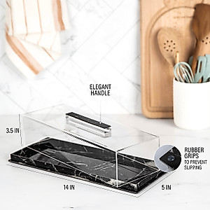 Gold Valley Rectangular Cake Tray, Cake Plate Dish with Lucite Display Cover Lid, Dessert Holder Tray, Cake Stand, Grey Marble Rectangle Cake Platter with Lucite Cover, Pastry Base (Black)