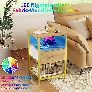 HDDDZSW LED Nightstands Set of 2 with Charging Station, Bedside Tables with USB Ports and Outlets, End Table with Fabric-Wood 2-in-1 Drawer for Small Spaces, Log-Color Side Table for Bedroom, Office