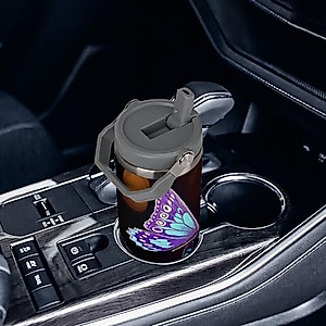 BWQJKUO Large Capacity Car Cup 30 Oz Stainless Steel Purple Butterfly And Flowers Printed Travel Mug Leak-proof Flip Straw Tumbler with Handle,keeps Cold Or Ho