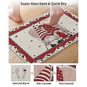 Valentine's Gnomes Bath Mat for Tub,Non Slip Bathroom Floor Runner Rug Quick Dry & Absorbent Diatomaceous Earth Kitchen Room Shower Sink Washable Doormat,Saint Love Heart Red Rose Floral 16"x24"