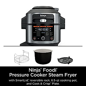 Ninja OL501 Foodi 6.5 Qt. 14-in-1 Pressure Cooker Steam Fryer with SmartLid, that Air Fries, Proofs & More, with 2-Layer Capacity, 4.6 Qt. Crisp Plate & 25 Recipes, Silver/Black