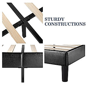 Allewie King Bed Frame with Adjustable Diamond Stitched Button Tufted Headboard/Faux Leather Upholstered Platform Bed with Easy-Assembly Wood slats, Black