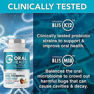 Oral Probiotics for Mouth Bad Breath Treatment for Adults: Dentist Formulated Advanced Oral Probiotics for Teeth and Gums +BLIS K12 M18 – 60 Chewable Oral Health Probiotics Tablets -Strawberry Vanilla