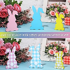 3 Pieces Easter Decor Bunny Tiered Tray Decoration Table Wooden Sign Buffalo Plaid Spring Rabbit Shape Wood Tabletop Decoration for Easter Party Desk (Vivid Style)