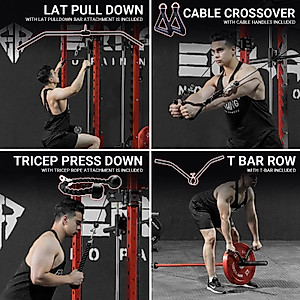 ER KANG Smith Machine, 2000LBS Strength Training Power Cage with Smith Bar and LAT Pull Down System, Multi-Function Linear Bearing Cable Crossover Machine for Home Gym, 2×3”, Red