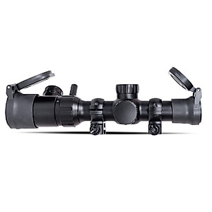 Monstrum 1-4x20 Rifle Scope with Rangefinder Reticle and Medium Profile Scope Rings | Monstrum Flip Up Lens Cover Set | Bundle