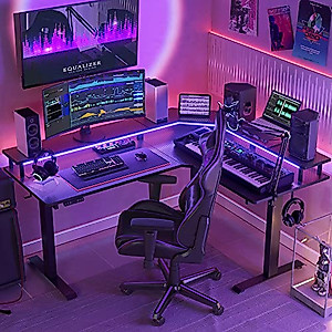 FEZIBO 63" Triple Motor L Shaped Standing Desk with LED Strip & Power Outlets, Height Adjustable Stand up Corner Gaming Desk with Ergonomic Monitor Stand, Black Carbon Fiber Top/Black Frame