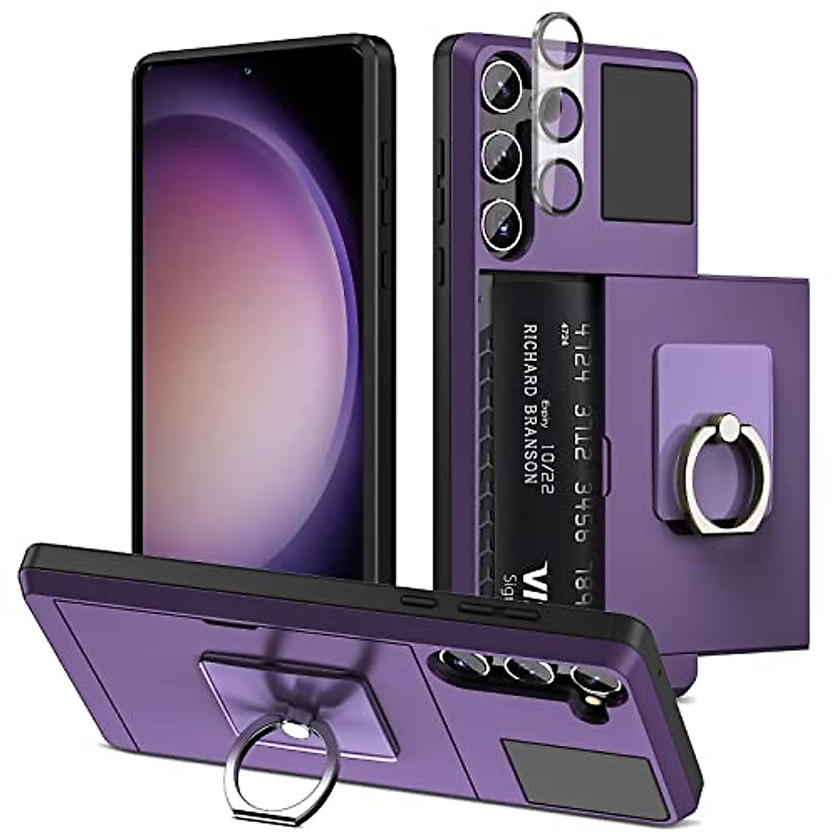 Vofolen for Samsung Galaxy S23 Case Wallet Credit Card Holder with Transparent Ring Stand Kickstand, Camera Lens Protector Hidden Pocket Anti-Scratch Dual Layer Slim Protective Cover 6.1"5G GreyPurple