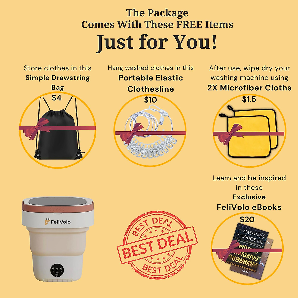 FeliVolo Portable Foldable Washing Machine, 12L, Premium Package – for Baby Clothes, Dog Diapers, Delicate Clothes, Undergarments, Best for Travelers, Students, Apartment, RV Owners, Campers, Workouts